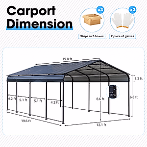 COBANA Metal Carport, 12X20 FT Heavy Duty Carport Canopy with Steel Roof and Frame, Car Shelter Garage for Pickups, Cars, Boats and Tractors
