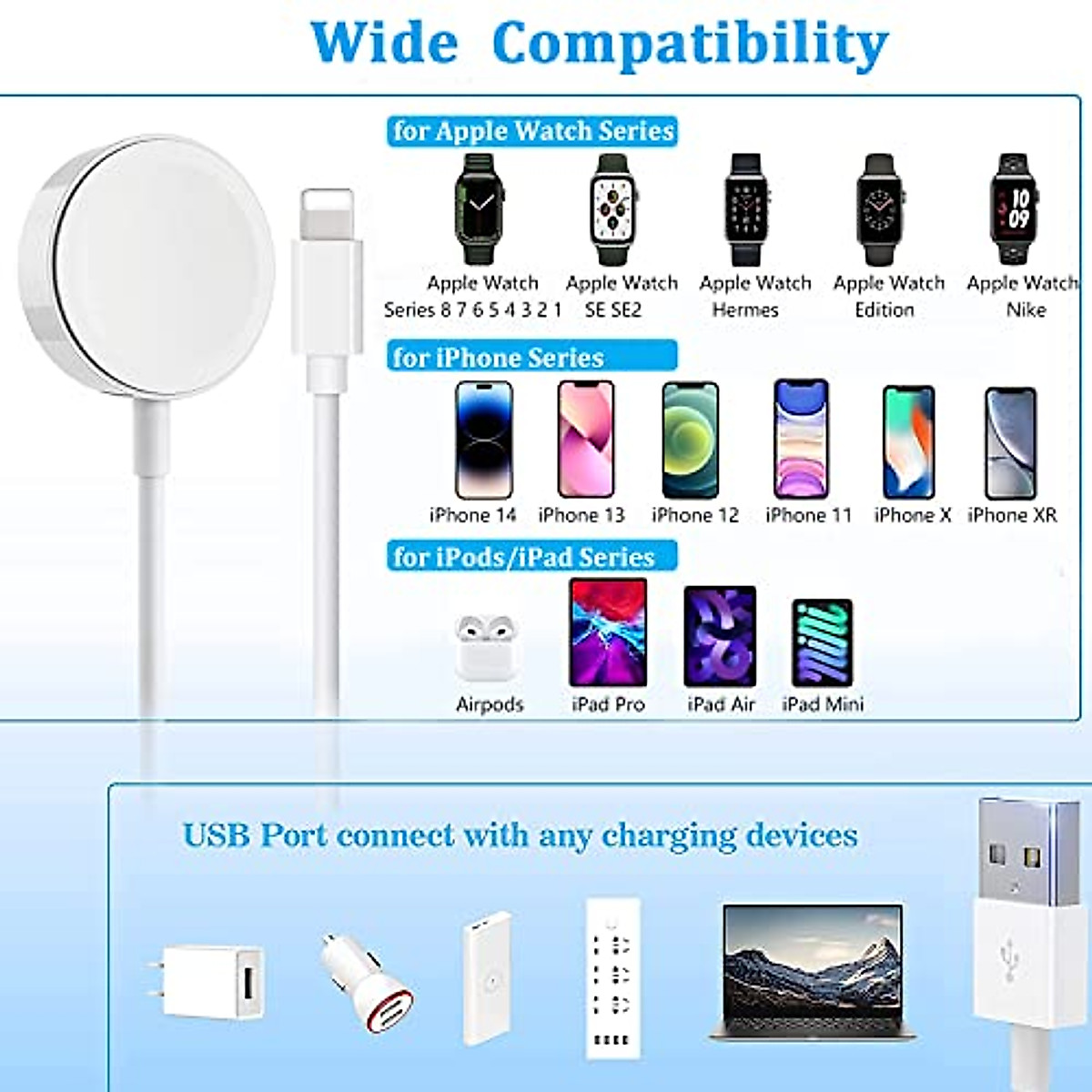 [Apple MFi Certified] 2 in 1 for Apple Watch Charger Portable Wireless Watch Charging Cable Compatible with Apple Watch Series 8/7/SE/6/5/4/3/2/1 and iPhone 12/13/14/Pro/Max/XR/XS Max/X