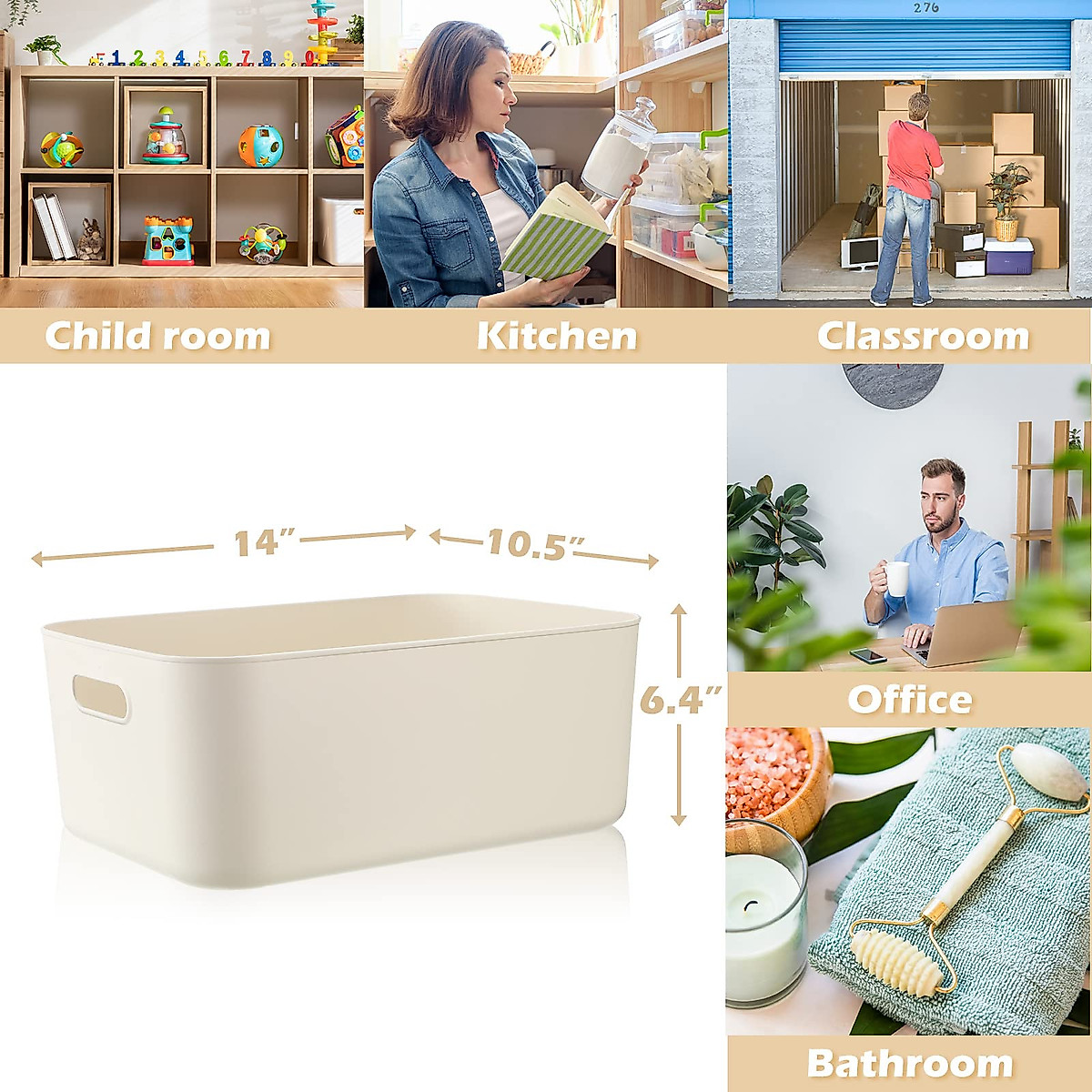 Plastic Storage Bins 10 Pcs White Storage Bin Pantry Organizer Bins Small Storage Baskets Storage Containers for Home Kitchen (14 x 10.5 x 6.4 Inch)