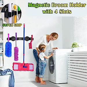 Strong Magnetic Mop Broom Holder, Heavy Duty Magnetic Broom Mop Hanger, Magnetic Wall Mount Broom Holder for Cleaning Tools, Anti-slip Storage Rack for Home Kitchen Workshop Laundry Garage