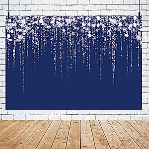 AIBIIN 10x7ft Navy Blue Glitter Backdrop Birthday Party Decorations Silver Sequins Dots Photography Background Wedding Bridal Shower Party Decor for Women Photo Shoot Props Cake Table Banner