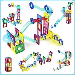 Marble Run Magnetic Tiles, 45pcs Marble Run Race Track 3D Magnetic Building Blocks, STEAM Educational Toy, Child Brain Development Kit Toy for Girls Boys Toddlers Kids Ages 3 4 5 6 7 8+