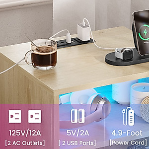 AOGLLATI Rattan Nightstands Set of 2 with Charging Station and LED Lights, Bed Side Tables with 2 Drawers and Open Storage, End Tables, Wood Night Stands for Bedroom, Natural