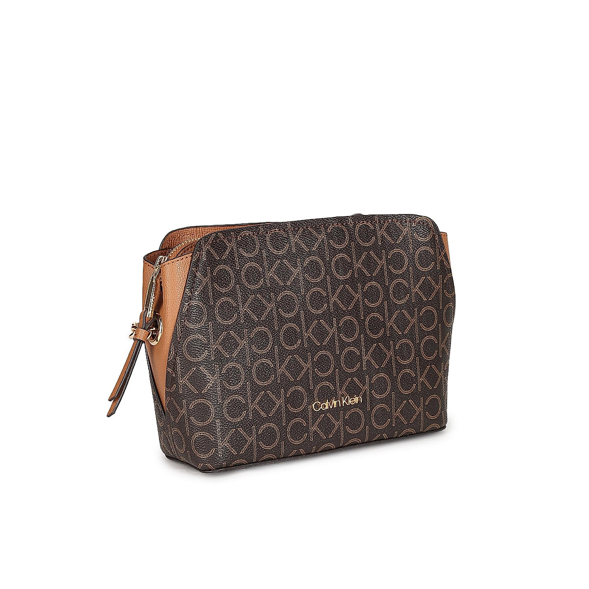 Calvin Klein Hailey Signature Triple Compartment Chain Crossbody, Brown/Khaki/Caramel Linear