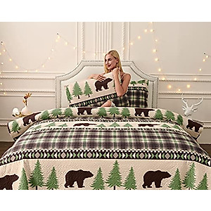 Quilt Set Queen Size Rustic Bedding Lodge Bed Quilts Queen Plaid Quilt Bed Spread Country Cabin Brown Bear Queen Quilt Bedding Lightweight Reversible Quilts Home Bedspread Coverlet with 2 Pillow Shams
