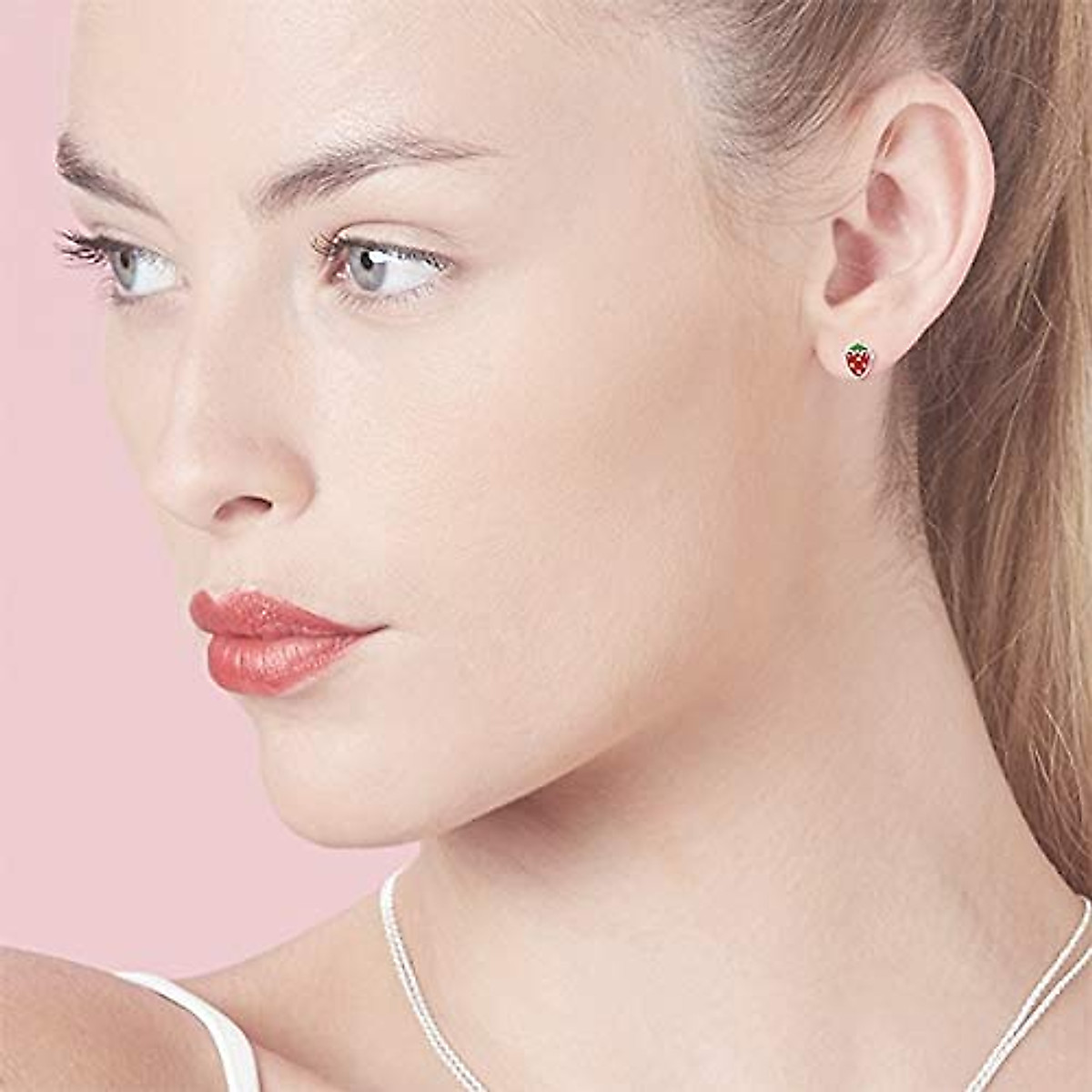 Boma Jewelry Sterling Silver Enamel Red Strawberry Fruit Stud Earrings