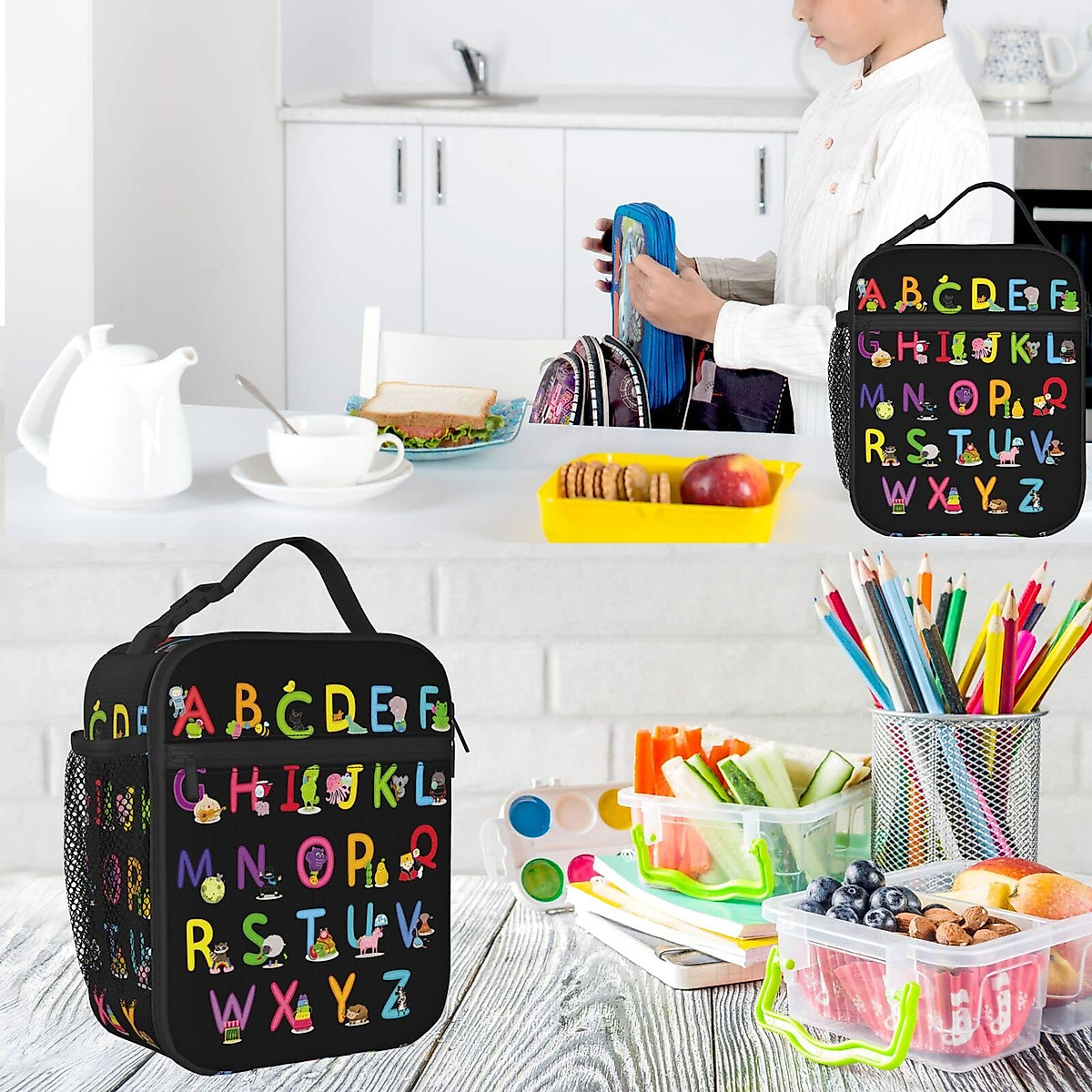 PrelerDIY Cute Animals alphabet Lunch Box - Insulated Lunch Bags for Women/Men/Girls/Boys Detachable Handle Lunchbox Meal Tote Bag
