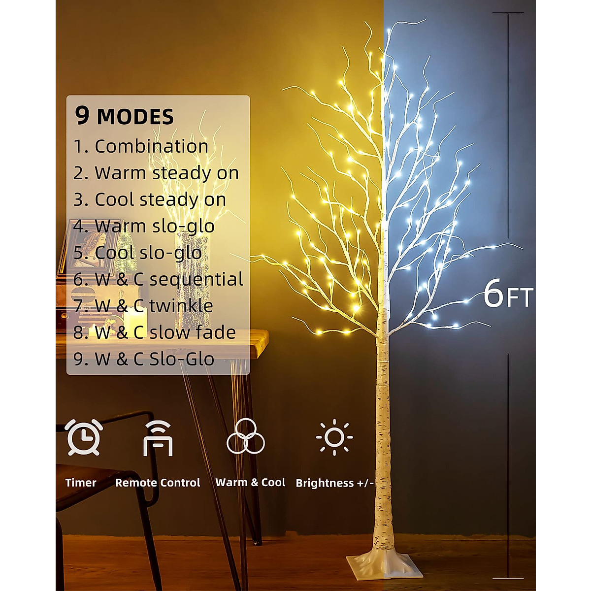 ZHOUDUIDUI Lighted Birch Tree, 6ft 96LED Birch Tree Lights,Artificial Twig Tree Light 9Modes Timer for Indoor Outdoor Christmas Halloween Easter Tree Home Party Wedding Decor,Warm & Cool White