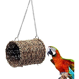 Woven Straw Bird tunnel - Seagrass Bird Tent Snuggle Toy Natural Hanging Hammock Swing Nest for Parrot Cockatiel Parakeet African Grey Cockatoo Macaw Amazon Lovebird Finch Hamster (4.72"x3.94"x10.2")