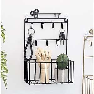 qiuqiu Wall-Mounted Shelf Home Wrought Iron Storage Basket Metal Mail Holder Keychain with Storage Baskets for Mail, Keys, Glasses-Black