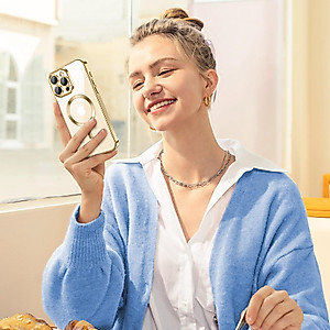 Hython Magnetic Clear for iPhone 13 Pro Max Case with Camera Lens Protector [Compatible with MagSafe] Plating Edge Slim Soft TPU Cover Protective Phone Case for iPhone 13 Pro Max 6.7", Gold