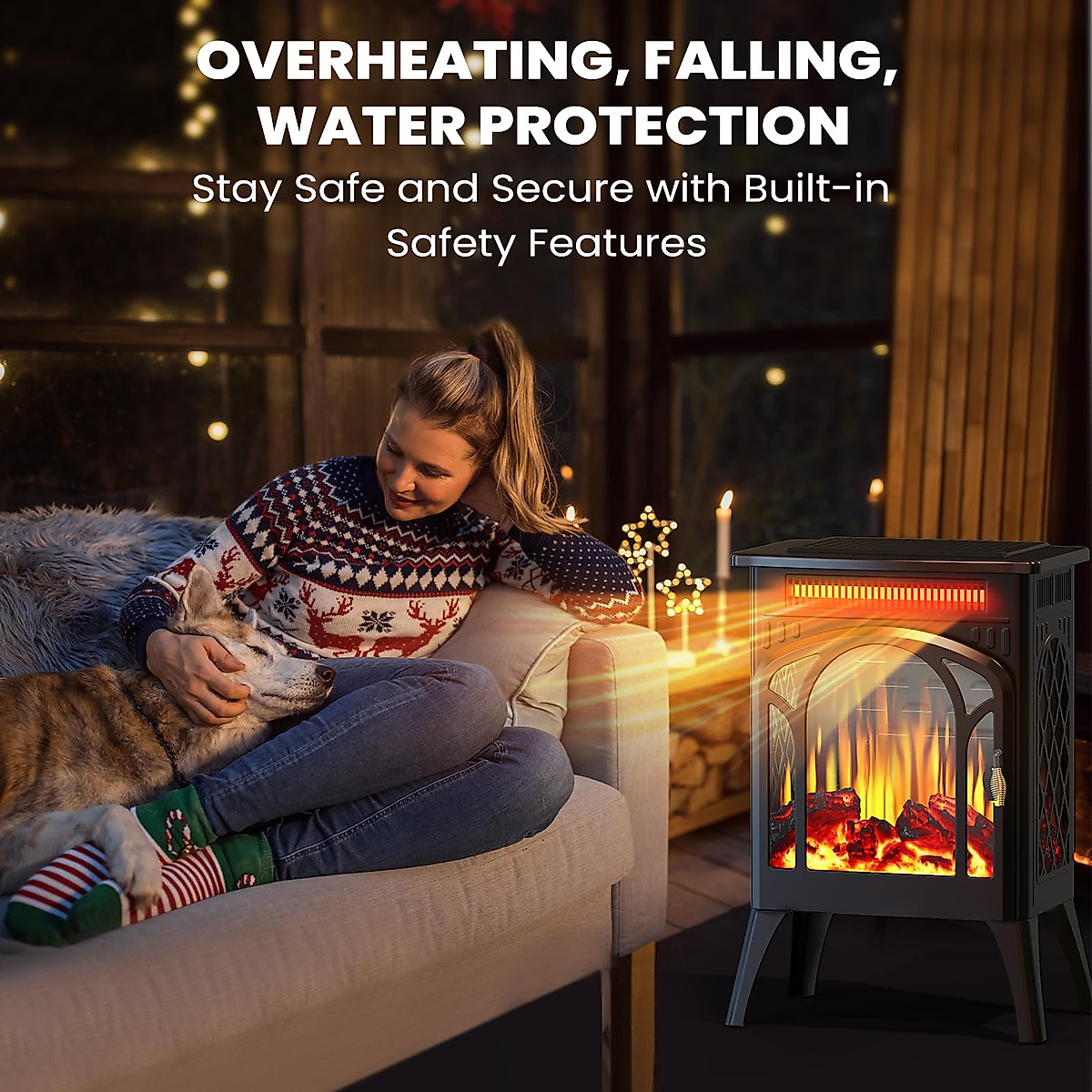 Rintuf Electric Fireplace, Freestanding Infrared Fireplace Stove w/ 5100BTU, 1500W Fast Heating, 3D Flame Effect, Remote Control, Timer, Safe Protection, Fireplace Heater for Living Room, Bedroom