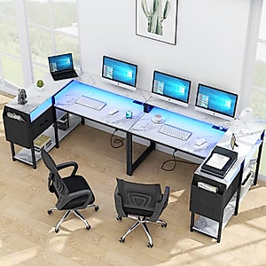 Loomie L Shaped Computer Desk with Power Outlets, 55"x41"D Reversible Corner Desk with LED Light, Drawer & Monitor Stand, Home Office Gaming Desk with 4 Tier Storage Shelves & Bag, White Faux Marble