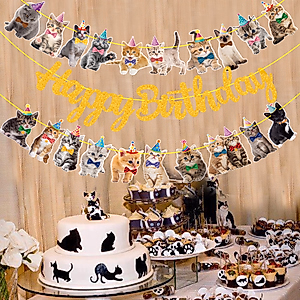 Cat Birthday Banner Decorations Kitten Birthday Party Decorations Supplies Gold Glitter Cat Happy Birthday Banner Decorations for Pet Kitten Theme Birthday Party Bunting Decorations Supplies