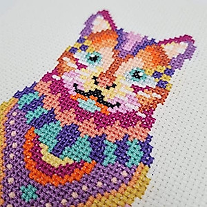 Meloca Designs Mandala Cat Counted Cross Stitch Kit with 14 Count Aida Fabric, Thread, Needle and Instructions