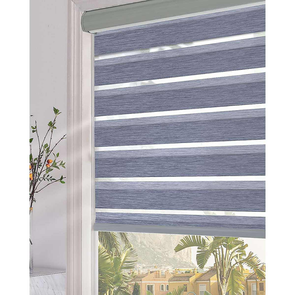 Persilux Zebra Blinds Dual Layer Roller Sheer Shades (58" W X 64" H, Dark Grey) Light Filtering Privacy Light Control for Day and Night Blackout Window Shades for Home and Office Easy to Install
