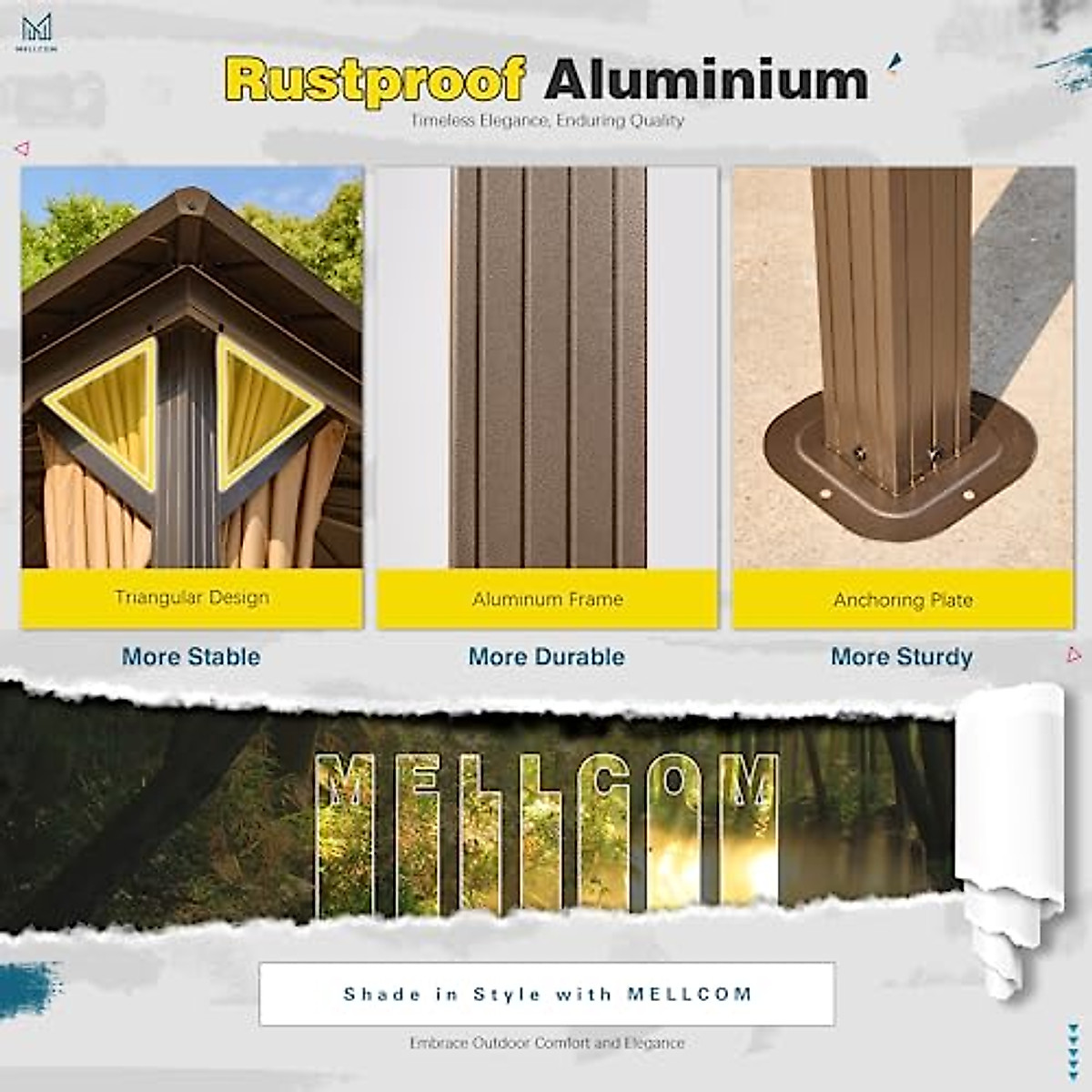 MELLCOM 12'x18' Hardtop Gazebo, Galvanized Steel Metal Double Roof Aluminum Gazebo with Curtain and Netting, Brown Permanent Pavilion Gazebo for Patio, Lawn & Garden