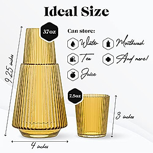 American Atelier Vintage Bedside Water Carafe with Tumbler – 37 Oz Ribbed Pitcher and Matching Drinking Glass Doubles as Lid for Guest Room, Office, or Gift, 4.5”x 9.25" (Amber)