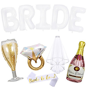 40 inch Bride Balloons White Letters Banner, Bachelorette Party Decorations Kit Include Large Ring Bottle Glass Foil Balloons, Bride To Be Sash and Veil for Bridal Shower Decorations
