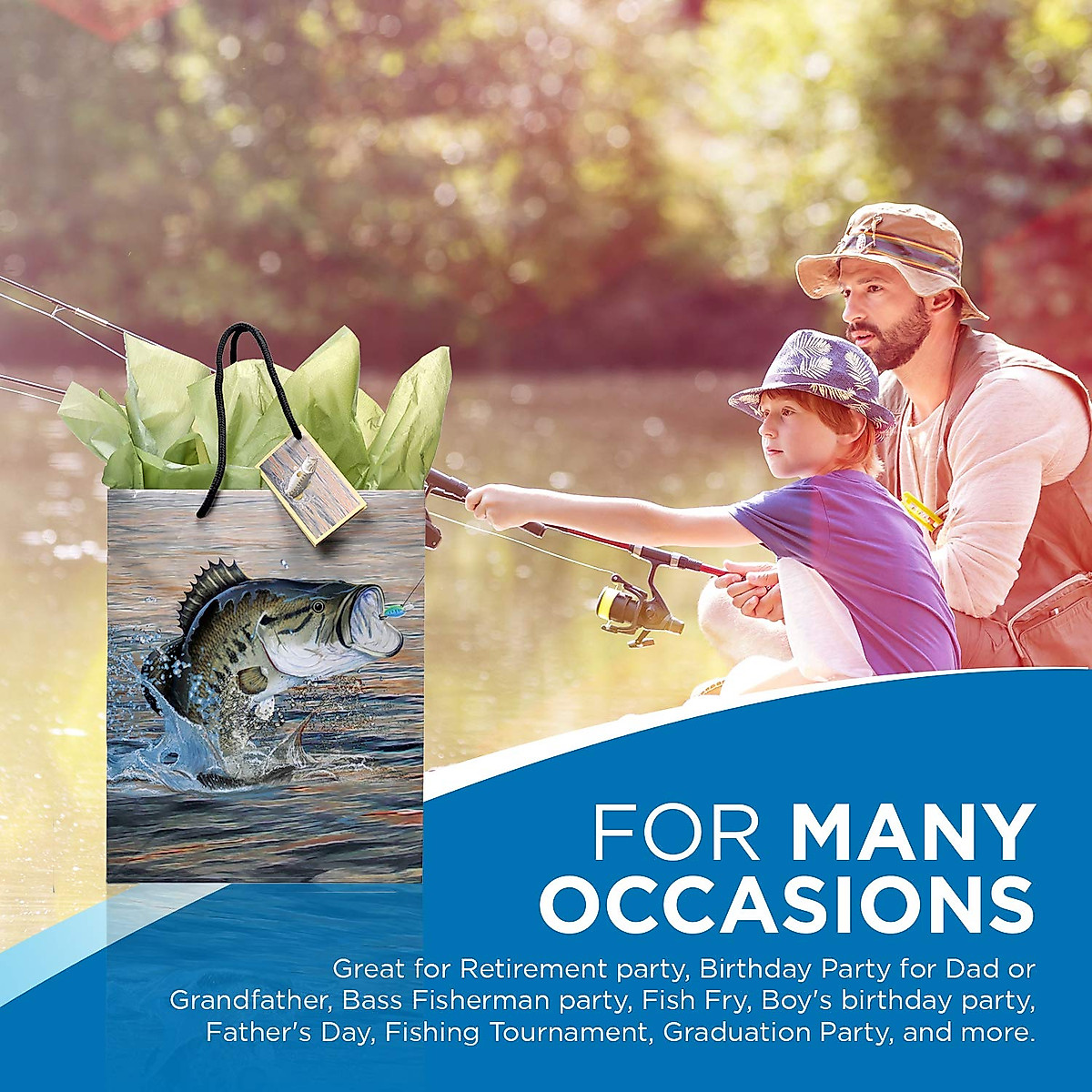 Havercamp Fishing Gift Bag, Medium, 10 x 12 x 4.25 Inches, Gone Fishin' Party Collection