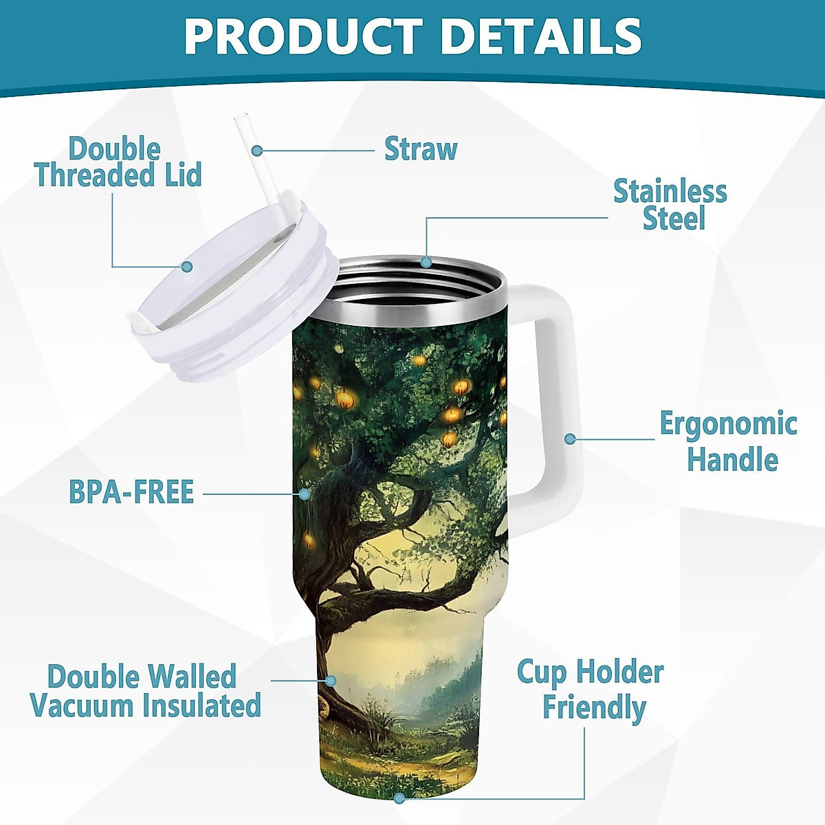 Jihqo Fairy Tales Glowing Tree 40 oz Stainless Steel Vacuum Insulated Tumbler with Handle and Straw Lid, Leakproof Water Bottle Double Wall Travel Mug Coffee Cup, Cupholder Friendly
