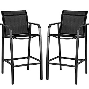 Patio Bar Stools Set of 2, Bar Chairs with Footrest and Armrest, Bar Height Patio Stools with High Back for Garden, Courtyard, Pool, Deck, All-Weather Textilene Patio Furniture, Black