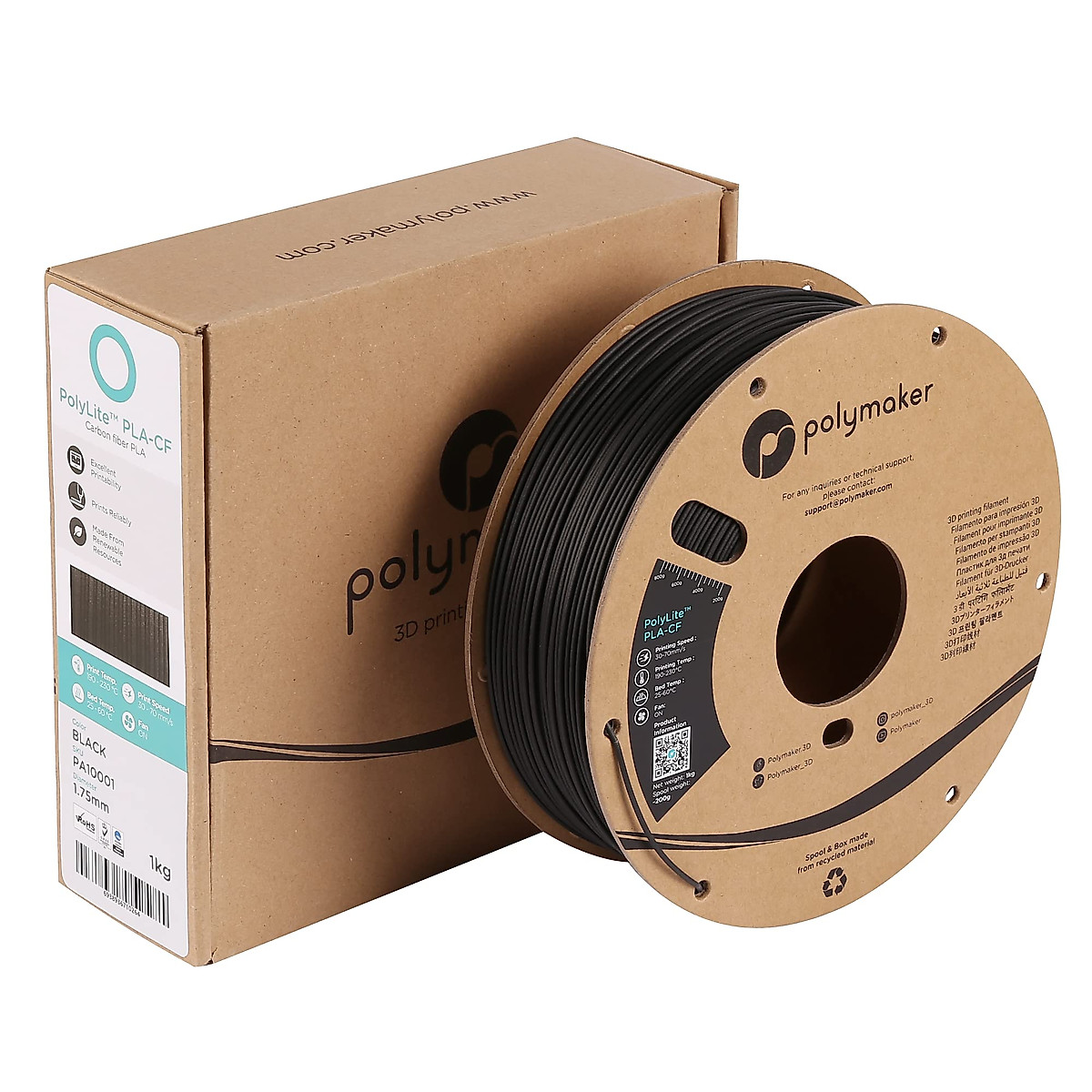 Polymaker Carbon Fiber PLA Filament 1.75mm, Carbon Fiber Reinforced PLA 3D Printer Filament Strong 1kg - PolyLite 1.75 PLA Carbon Fiber 3D Printer Filament Strong & Easy to Print & Matte PLA-CF