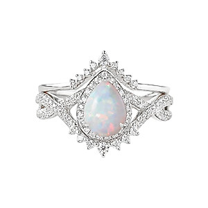 YDD 18k Rose Gold 1.5ct Pear Shaped Opal Engagement Rings for Women Opal & Moissanite Bridal Set Vintage Halo Infinity Ring Set 2pcs Inspired V Shaped Wedding Band Anniversary Free Engraved