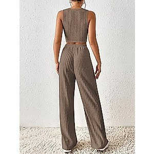 ZAFUL Women Two Piece Pajamas Set Solid Ribbed Knit Crop Tank Top Wide Leg Pants Loungewear Set