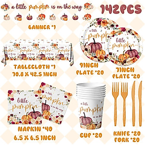 142Pcs Little Pumpkin Baby Shower Decorations-Fall A Little Pumpkin is on the Way Plates and Napkins Set Floral Autumn Thanksgiving Tableware Party Supplies