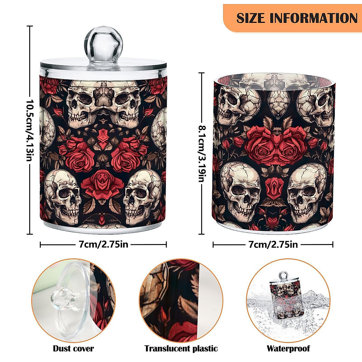 GOODOLD Skull and Roses Qtip Holder 2 Pack - 10 Oz Clear Plastic Apothecary Jar Set for Bathroom Organization - Versatile Canister Storage for Cotton Balls, Swabs, Rounds