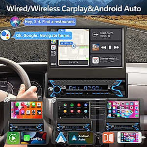 Wireless Carplay Single Din Touchscreen Car Stereo with Wireless Android Auto, 7 Inch Flip Out Screen Car Radio with Bluetooth, Flip Up Car Audio Receivers with Camera, SWC, FM/USB/AUX/TF/Subwoofer