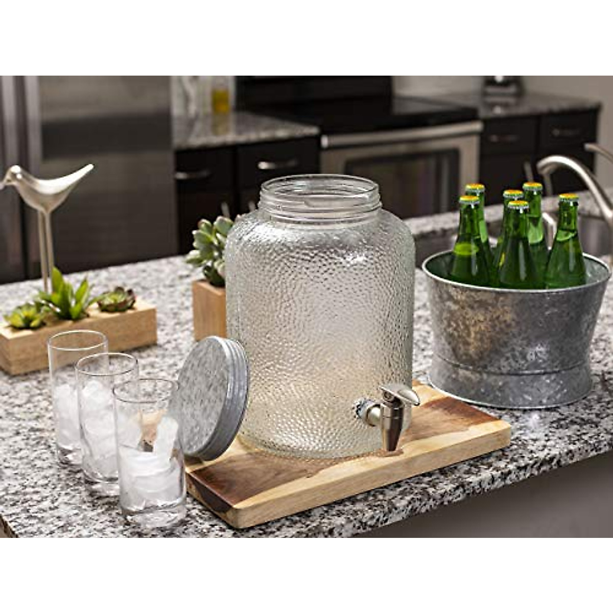 BirdRock Home 2.5 Gallon Pebbled Glass Beverage Dispenser with Galvanized Stand - Lid - Spigot - Decorative Round Jar for Drinks - Lemonade Sangria Tea Water Drink Jar Jug - Home Parties