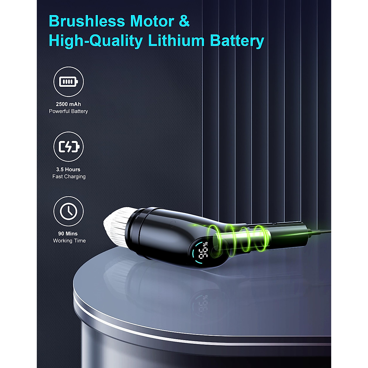 Yonlog Electric Spin Scrubber, FRIWOLE Upgraded Cordless Cleaning Brush with LED Display, 3 Speeds, 8 Replaceable Brush Heads, Adjustable & Detachable Handle, 450 RPM, for Bathtub, Tile, Floor, Black