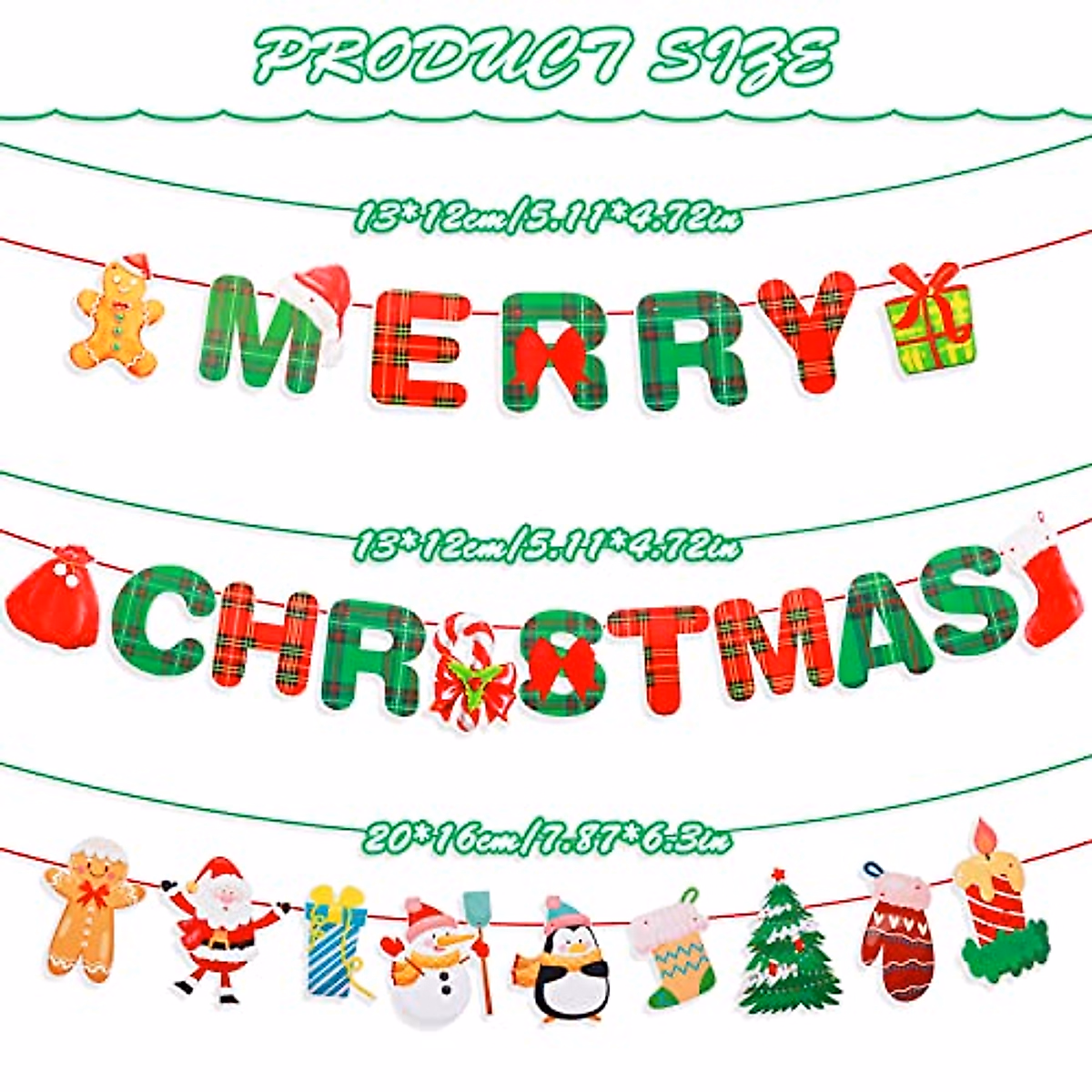 cobee Merry Christmas Banner, Xmas Signs Hanging Banner Plaid Red Green Garland with Cartoon Christmas Tree Santa and Sock Snowman Ornaments for Home Wall Fireplace Party Supplies