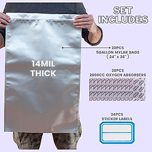 5 Gallon Mylar Bags For Food Storage with Ziplock -20pcs 14Mil Extra Thick For Long Term Storing, Dry Aging & Heat Vacuum Seal, 17x26" Large Resealable Myler Bag, 2000cc Oxygen Absorbers & Labels Pack