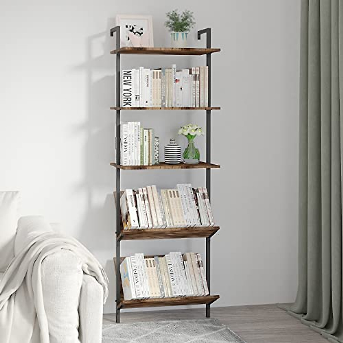 bukfen Ladder Bookshelf, 5 Shelf Modern Bookcase, Wall Mount Industrial Bookshelf, Open Wood Storage Shelves with Metal Frame for Bedroom Office, Rustic Brown