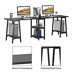 SogesHome 94.5’’ Two Person Desk, Double Computer Desk with Storage 2-Tier Shelf, Extra Long Large Gaming Desk, Office Study Writing Desk Workstation-94.5L’’x23.6W’’x29.5H’’(Black)