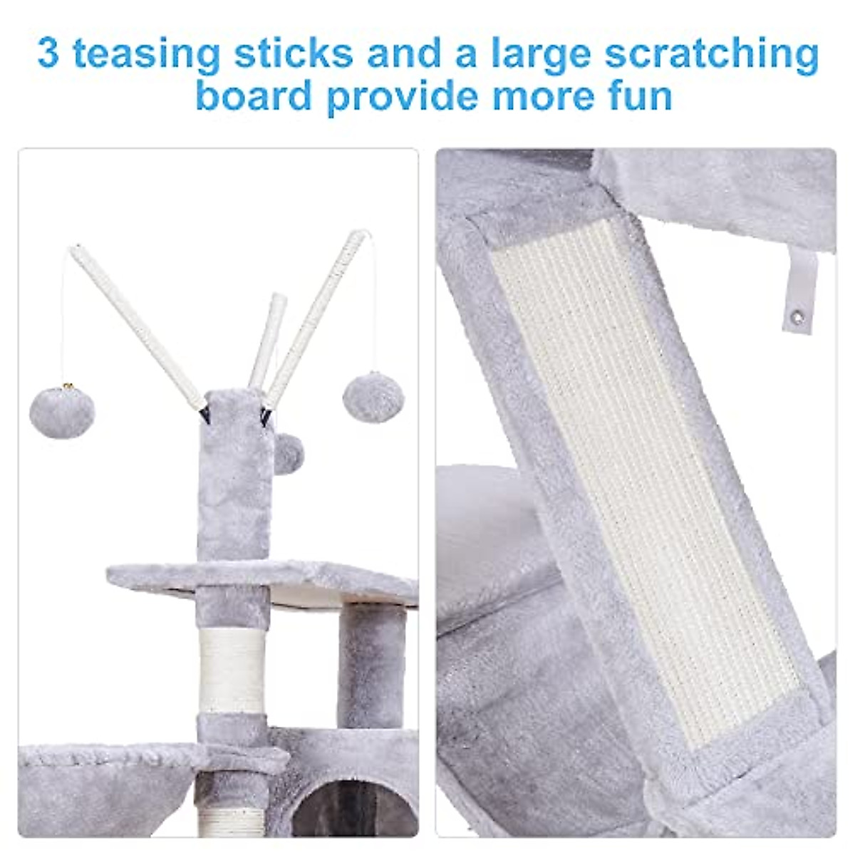 Hey-brother Cat Tree, 61 inch Cat Tower for Indoor Cats, Cat House with Padded Platform Bed, Toy Balls, Large Cozy Condo, Hammocks and Sisal Scratching Posts, Light Gray MPJ019W