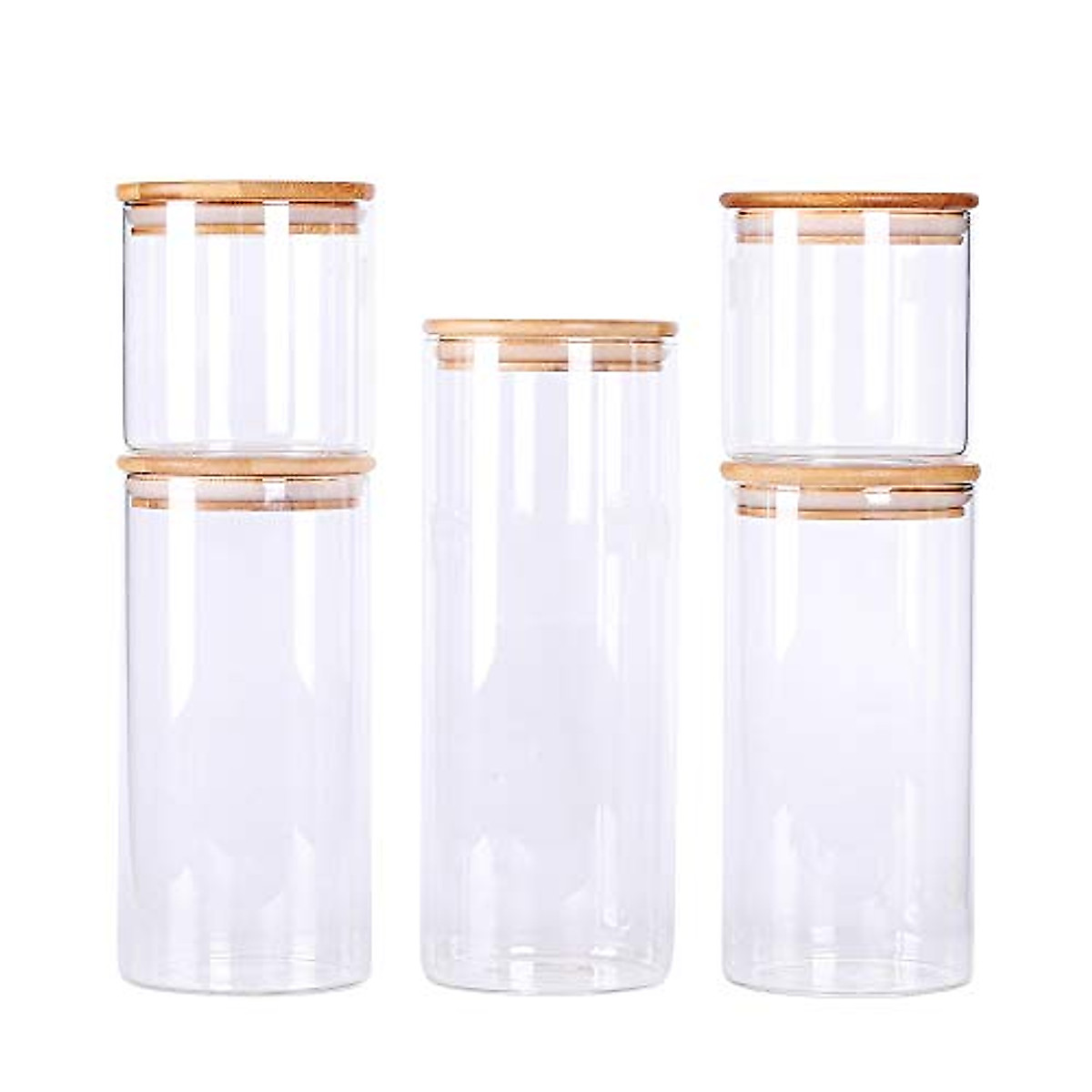 LEAVES AND TREES Y Stackable Kitchen Canisters Set, Pack of 5 Clear Glass Food Storage Jars Containers with Airtight Bamboo Lid for Candy, Cookie, Rice, Sugar, Flour, Pasta, Nuts