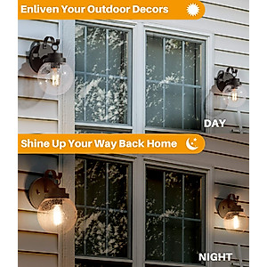 LALUZ Sphere Porch Light, Outside Lights for House with Seeded Glass Globe, Weather-Proof Outdoor Light Fixtures Wall Mount for Front Door, Garage, Yard, Patio, Textured Black Finish, 2 Pack