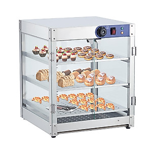 Commercial Food Warming Display Cabinet, 20" 3 Tier, 800 Watt Hot Dog Warmer with 3D Heating, Bottom Fan, Countertop Pastry Warmer, Temperature Knob/Indicator, Stainless Steel Framed Glass Door