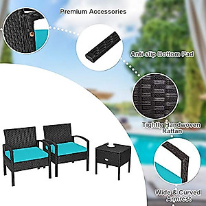 HAPPYGRILL 3-Piece Patio Furniture Set Rattan Wicker Sofa Set with Removable Cushion and Coffee Table with Storage Space, Conversation Bistro Sofa Chairs Set for Garden Poolside Balcony, Turquoise
