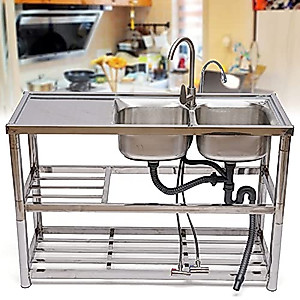 Commercial Kitchen Sink, Free Standing Stainless Steel 2 Compartment Utility Sink with Drainer Unit & Faucets Kitchen Prep Table Outdoor Sink for Garage, Restaurant, Kitchen, Laundry Room