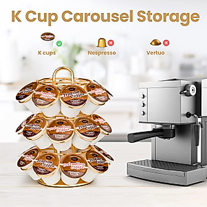 KREWEY Coffee Pod Holder, K Cup Holders，Coffee Pod Storage Compatible with K Cups (27 Pods), Spins 360-Degrees Coffee Pod Carousel Holder Organizer, Modern Gold Design (Round,Shining Gold)