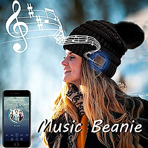 FashionLive Wireless Beanie Music Hat for Women Girls Upgrade Pompom Musical Headphone Stereo Speaker Hat with Mic Speakerphone Knit Pom Beanie Hat Warm Black