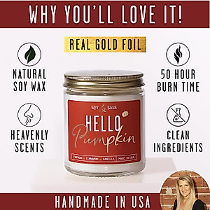 Fall Candles, Pumpkin Candle - 'Hello Pumpkin' Soy Pumpkin Spice Candle I Infused with Essential Oils I Fall Candle Decor, Fall Scented Candle I 9oz Reusable Jar I 50 Hour Burn I Made in USA