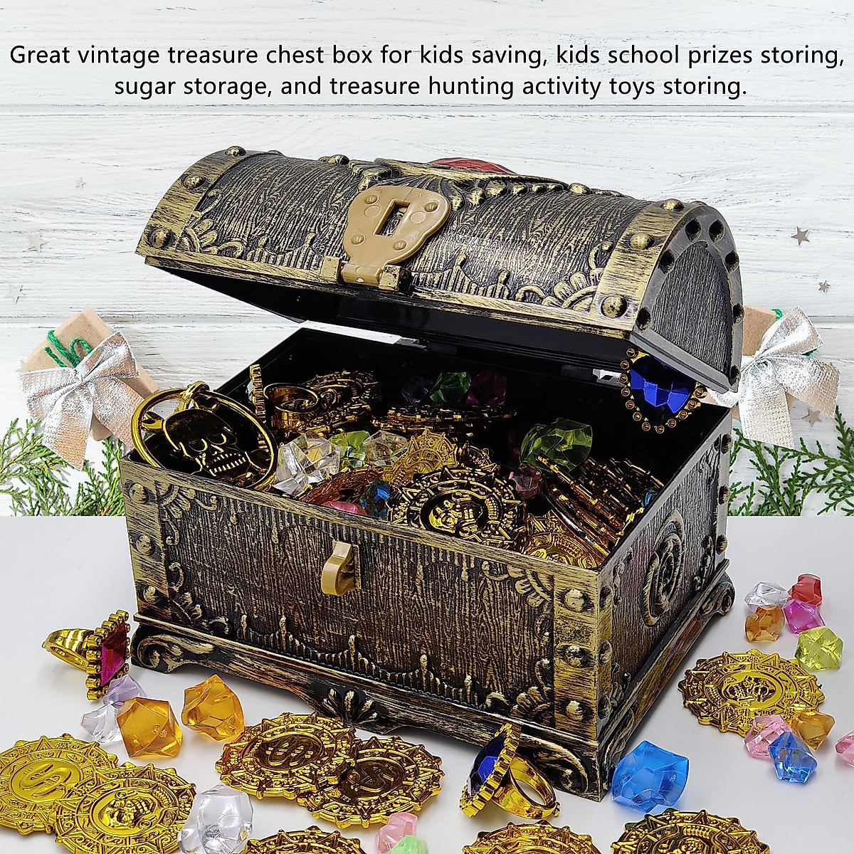 Flyekist Kids Pirate Treasure Chest Storage Box,Red Rhinestone Inlaid Top Decorative Pirate Chest with Lock and Key for Kids Birthday,Halloween, Christmas Pirate Party Favors