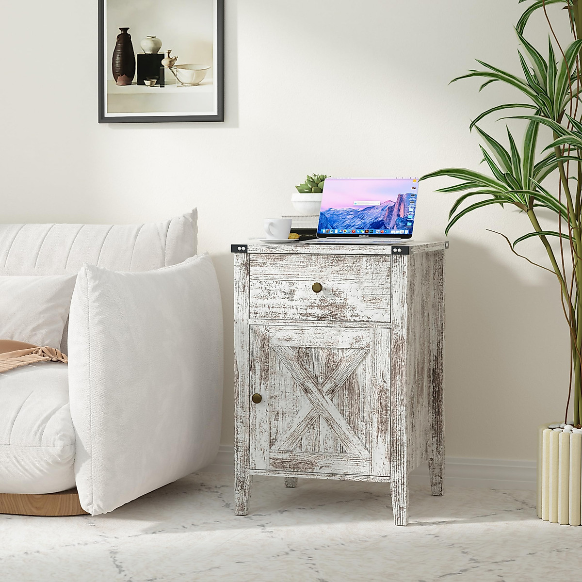 Betterhood Barnwood Rustic Farmhouse Nightstand Set of 2, Side Table with Barn Door and Drawers, Weathered Oak Style End Table for Bedroom, Grey Wash White (no Charging Station, 2)