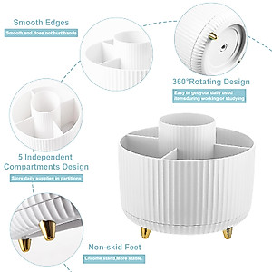 Cayxenful Pencil Holder For Desk,5 Slots 360°Degree Rotating Desk Organizers And Accessories,Desktop Storage Stationery Supplies Organizer, Cute Pencil Cup Pot For Office, School, Home (B-White)